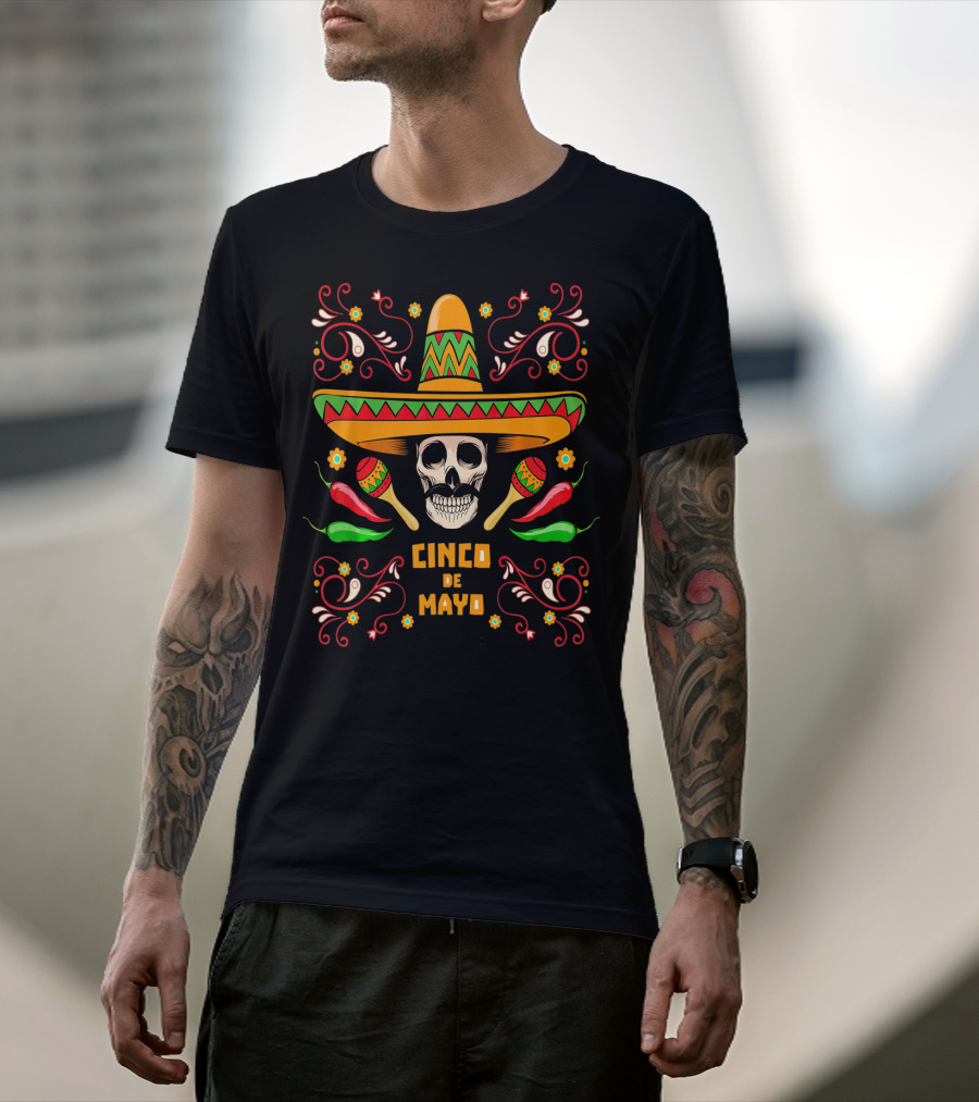 Cinco De Mayo Skull With Sombrero Maracas And Peppers T-Shirt