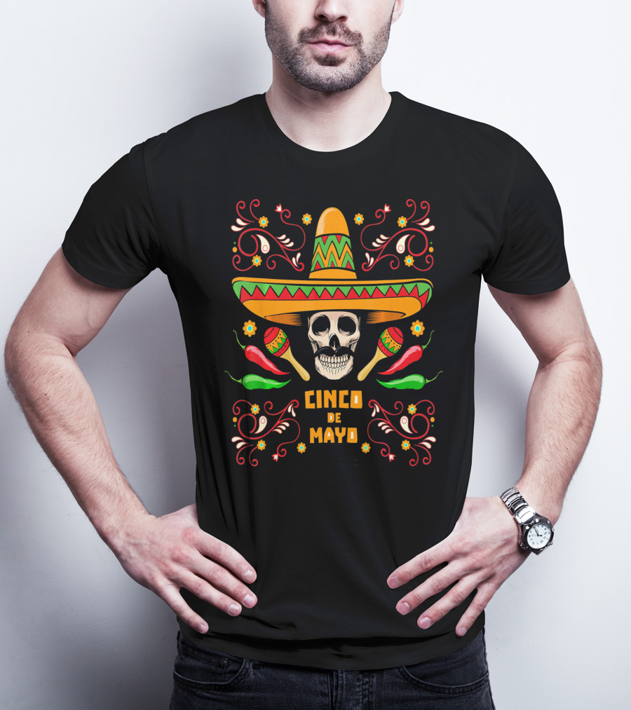 Cinco De Mayo Skull With Sombrero Maracas And Peppers T-Shirt