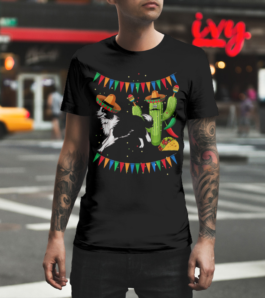 Sombrero Border Collie Dog Cactus Taco Mexico Cinco T-Shirt