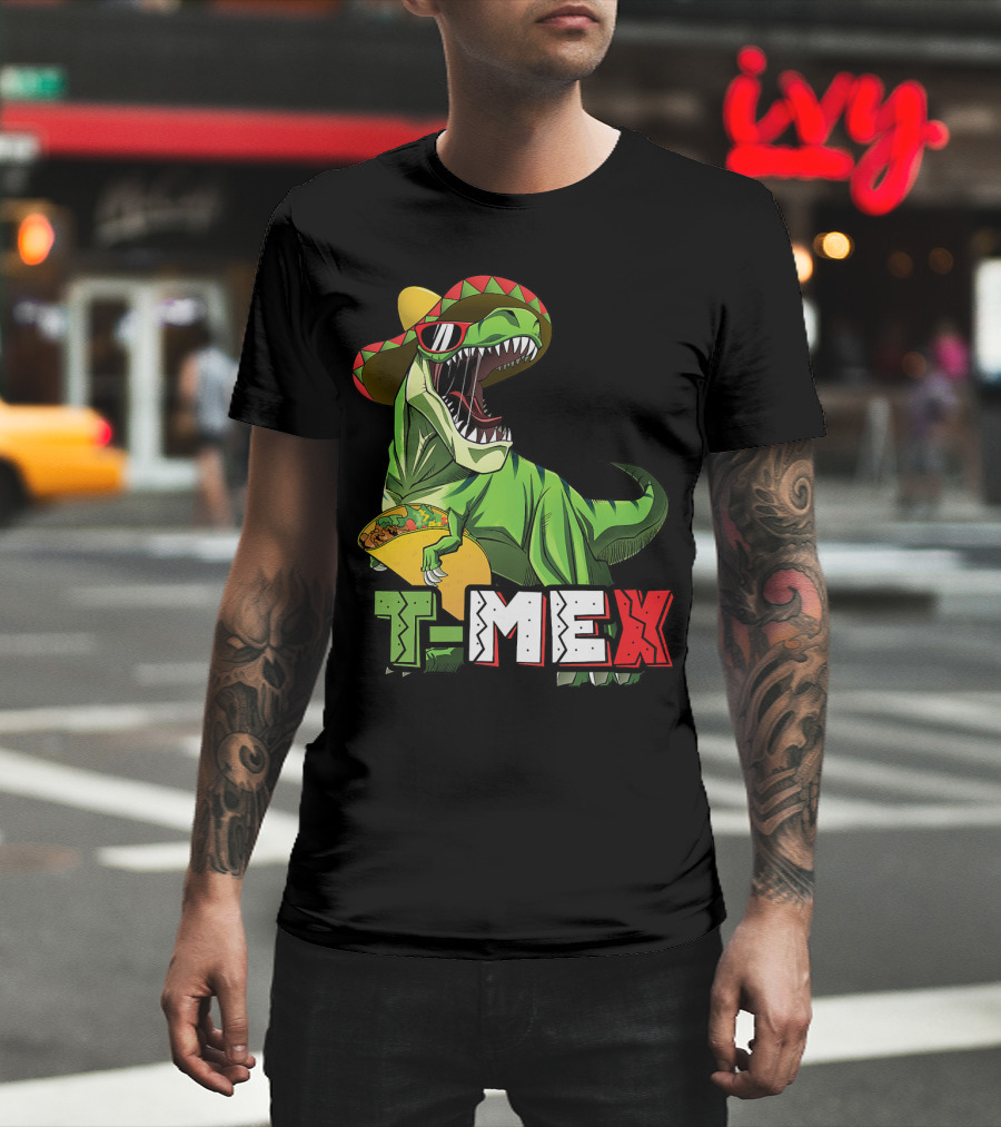 T-Mex Dinosaur Taco Holding Sombrero Sunglasses Kids Taco Tuesday Cinco T-Shirt