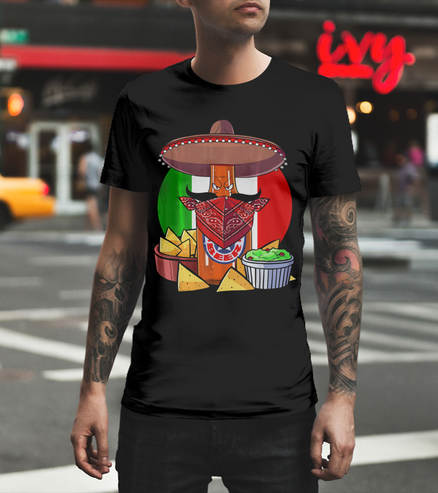 Funny Cinco De Mayo Beer Bottle With Sombrero And Guacamole Fiesta Napkin Bandana T-Shirt