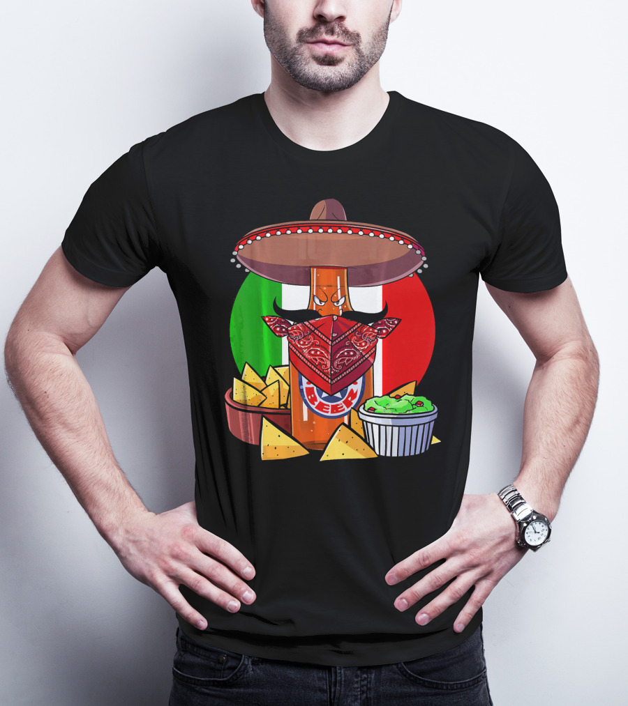 Funny Cinco De Mayo Beer Bottle With Sombrero And Guacamole Fiesta Napkin Bandana T-Shirt