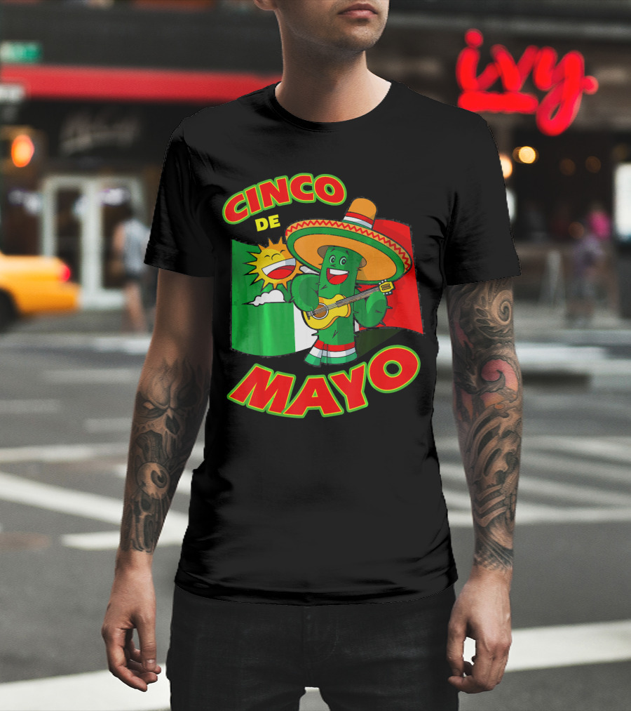 Cinco De Mayo Fiesta Cactus Sombrero Guitar Mexican Flag T-Shirt