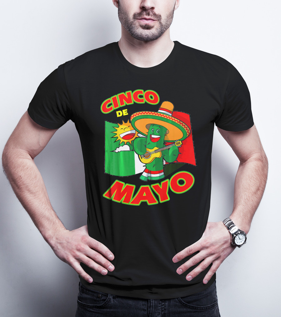 Cinco De Mayo Fiesta Cactus Sombrero Guitar Mexican Flag T-Shirt