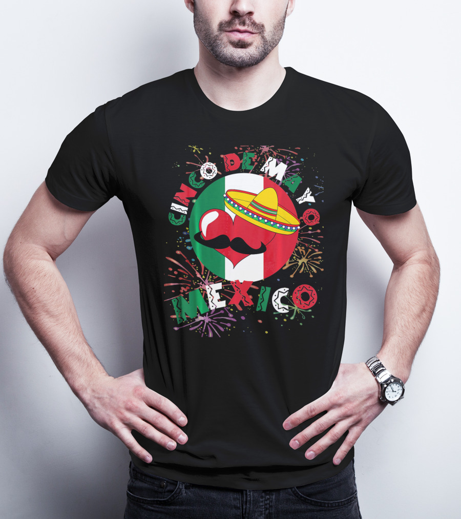 Cinco De Mayo Mexico Celebration Heart Sombrero Fireworks T-Shirt
