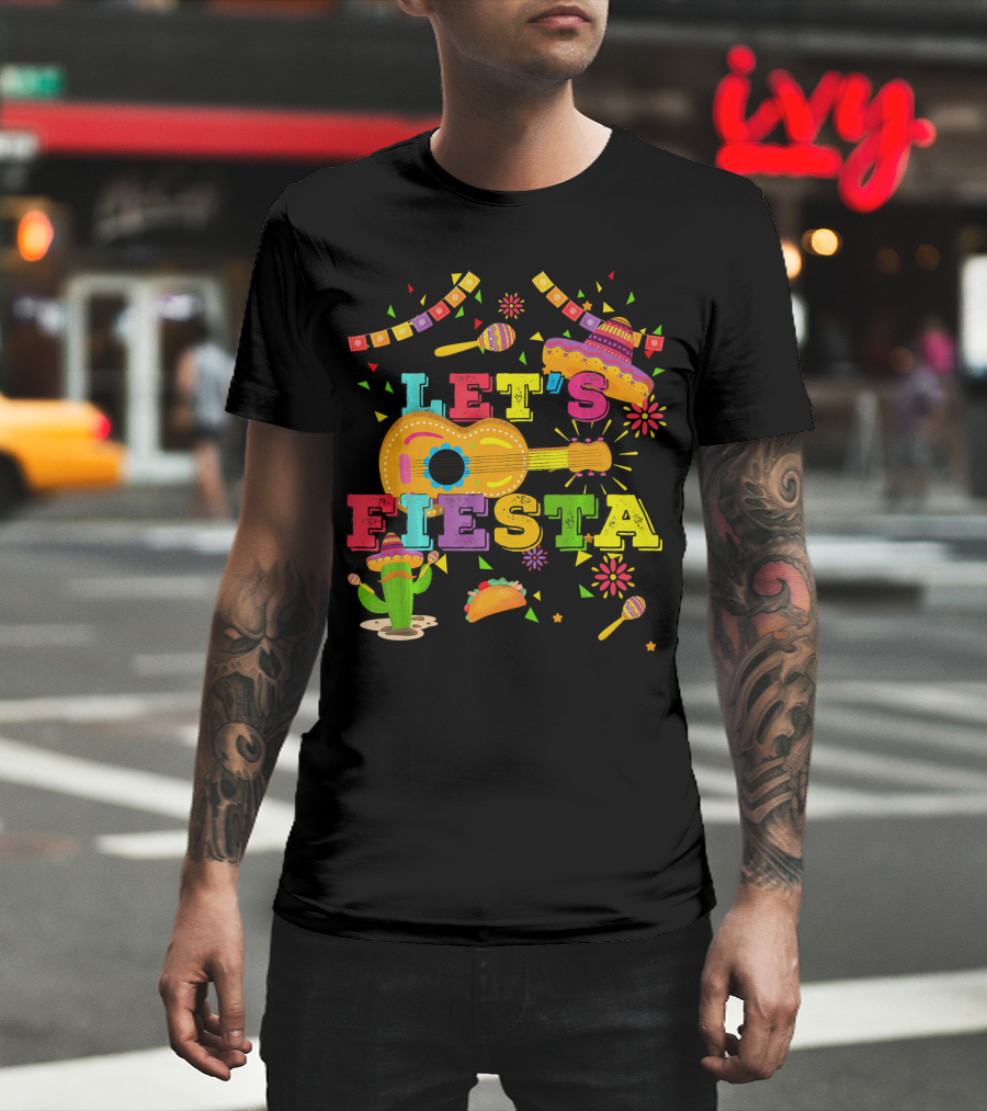 Let's Fiesta Cinco De Mayo Mexican Celebration Guitar Sombrero Maracas Taco Cactus Decorations T-Shirt