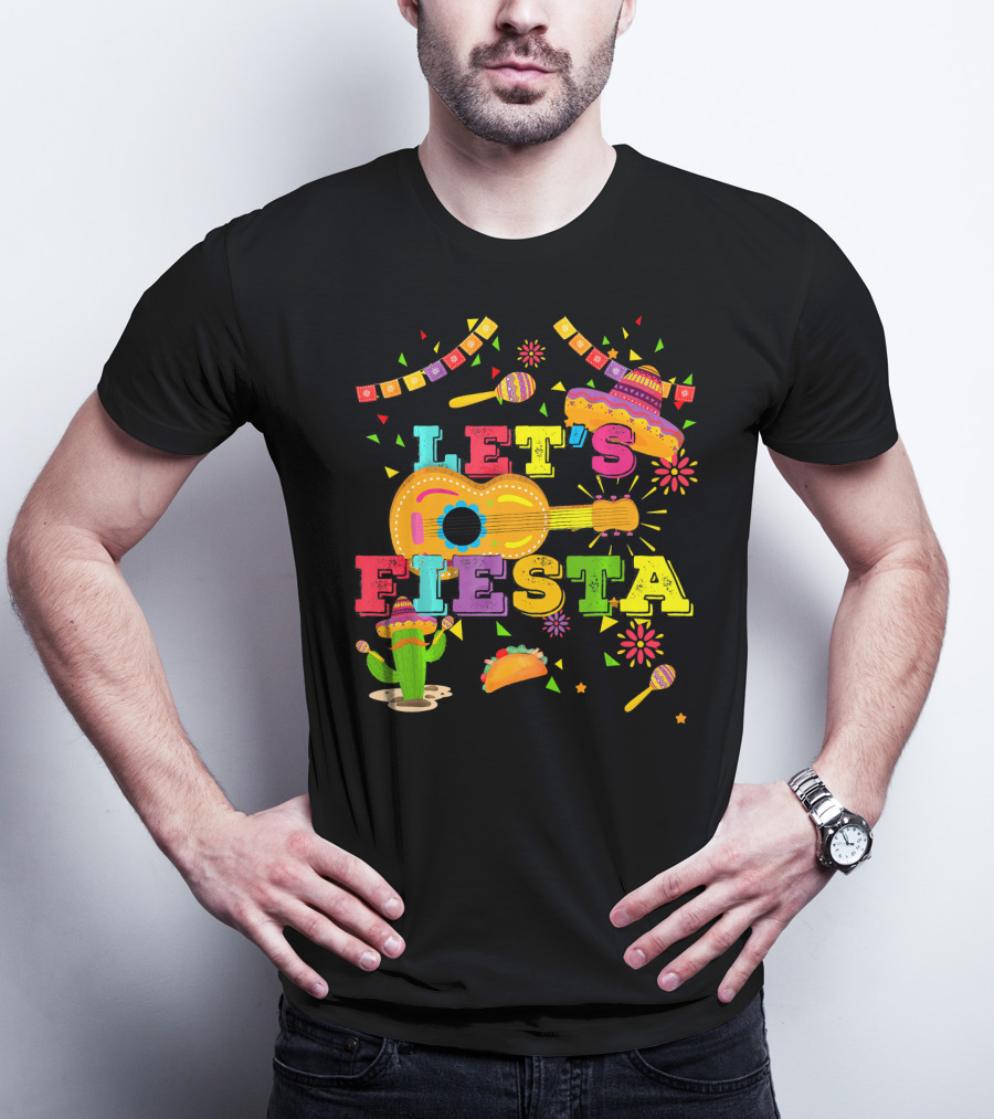 Let's Fiesta Cinco De Mayo Mexican Celebration Guitar Sombrero Maracas Taco Cactus Decorations T-Shirt