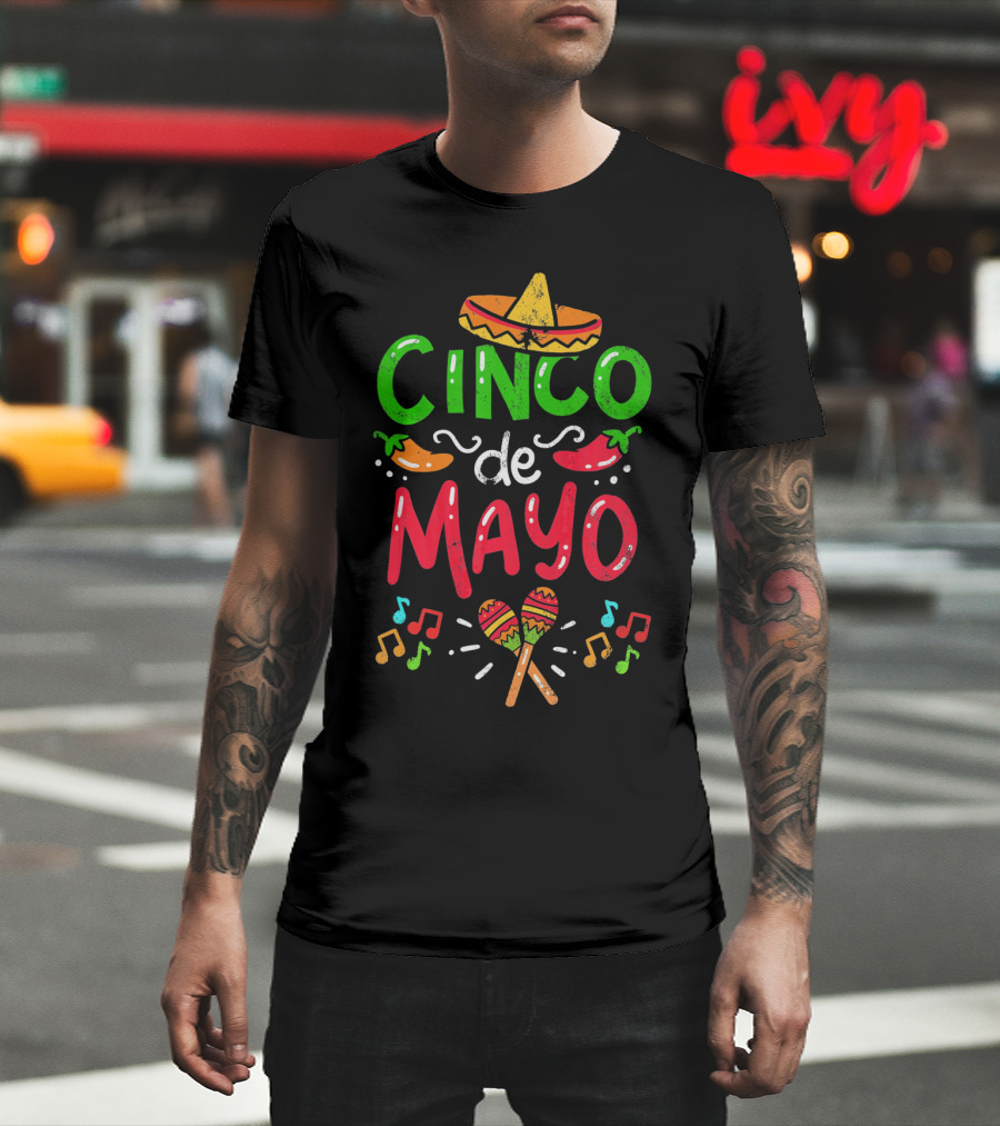 Cinco De Mayo Mexico Sombrero Maracas Peppers Music Notes T-Shirt