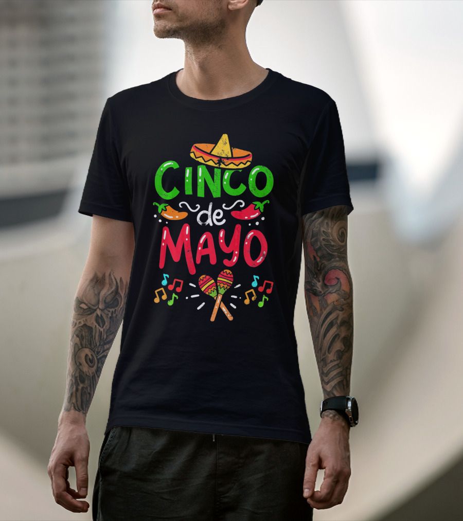 Cinco De Mayo Mexico Sombrero Maracas Peppers Music Notes T-Shirt