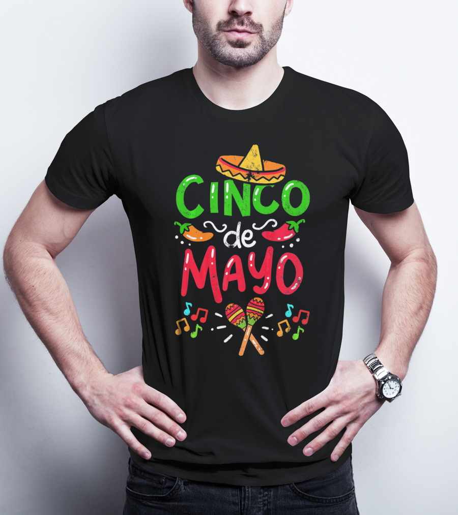 Cinco De Mayo Mexico Sombrero Maracas Peppers Music Notes T-Shirt