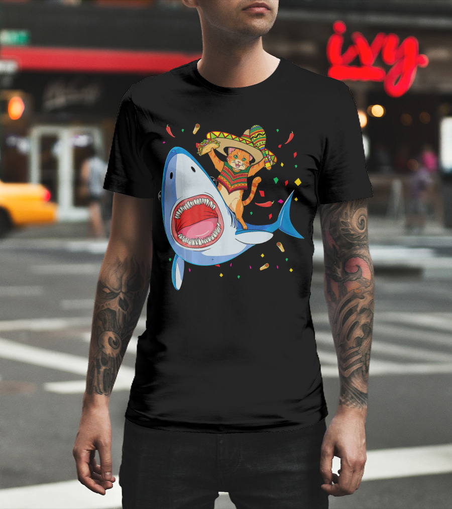 Funny Taco Cat Riding Shark Cinco De Mayo Sombrero T-Shirt