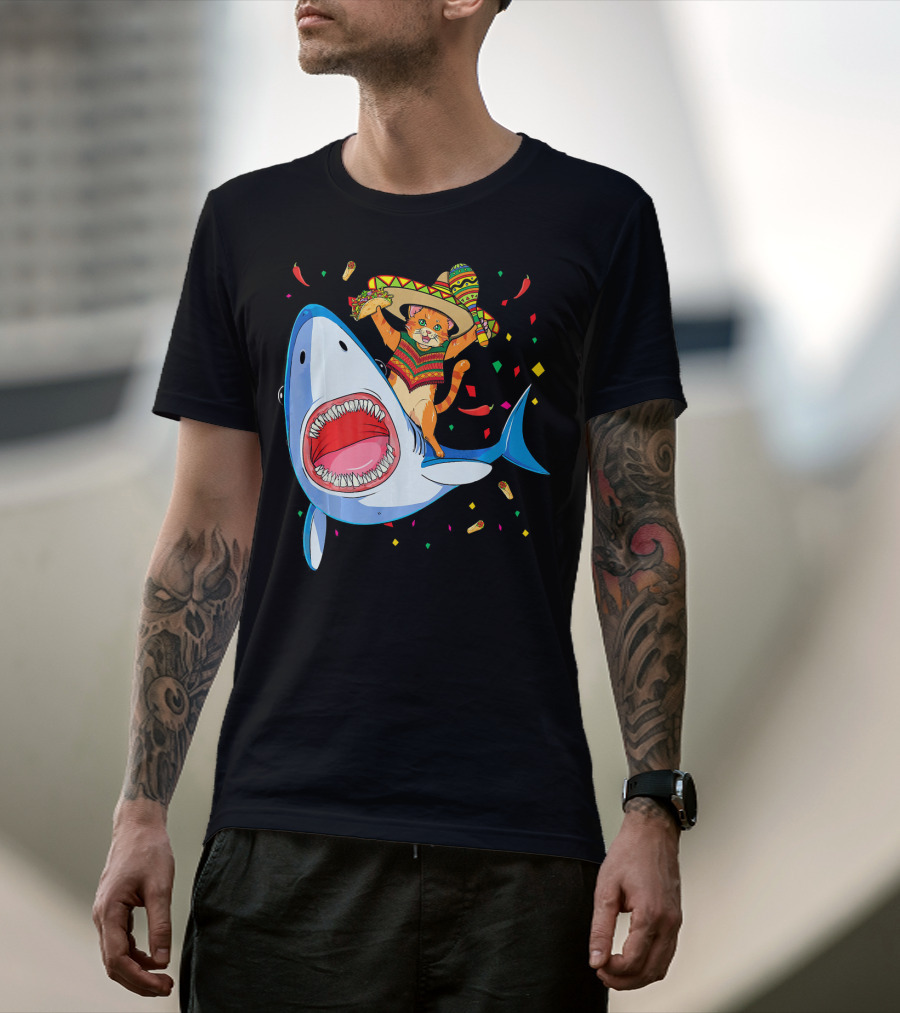 Funny Taco Cat Riding Shark Cinco De Mayo Sombrero T-Shirt