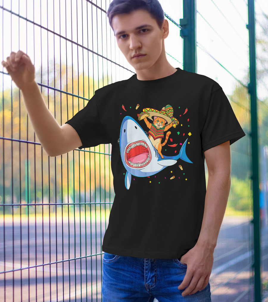 Funny Taco Cat Riding Shark Cinco De Mayo Sombrero T-Shirt