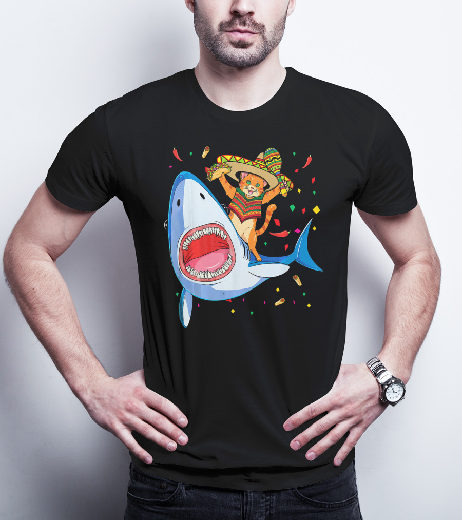 Funny Taco Cat Riding Shark Cinco De Mayo Sombrero T-Shirt