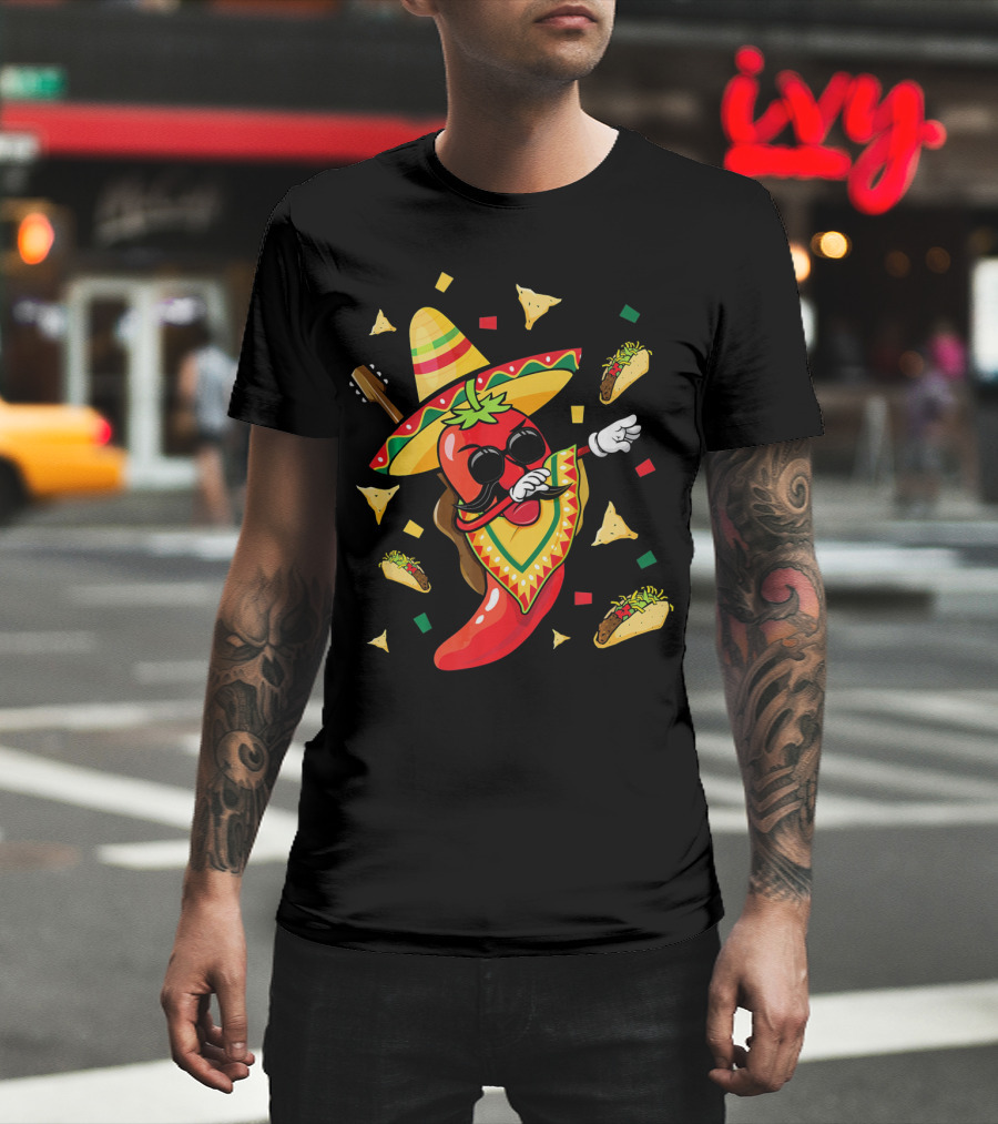 Mexican Sombrero Dabbing Jalapeno With Tacos And Nachos Fiesta Explosion T-Shirt
