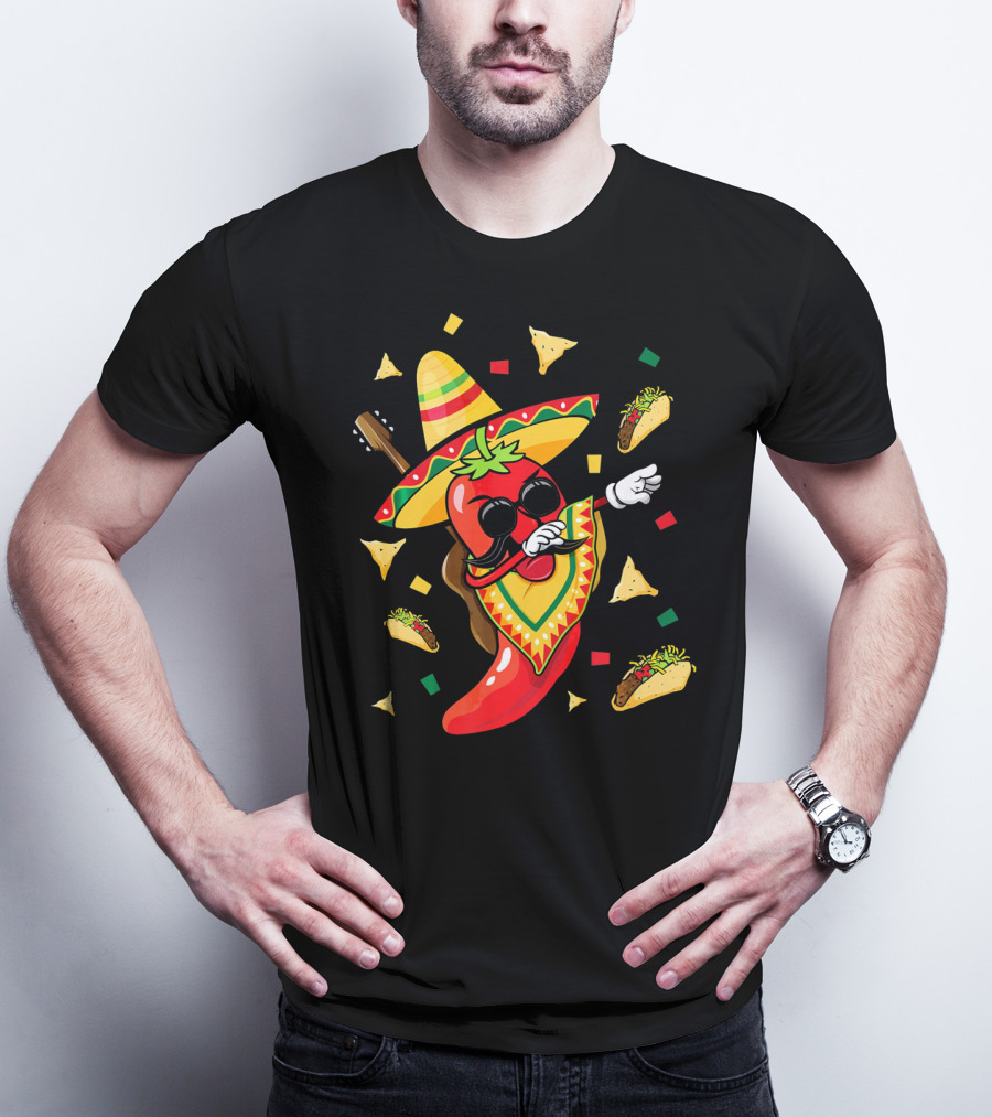 Mexican Sombrero Dabbing Jalapeno With Tacos And Nachos Fiesta Explosion T-Shirt