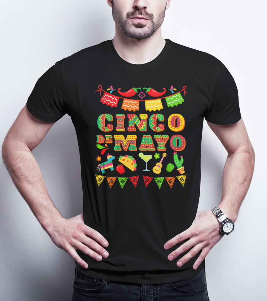 Cinco De Mayo Festividad Del Cinco Sombreros Banderas Chiles Margarita Tacos Cactus Guitarra Piñata T-Shirt