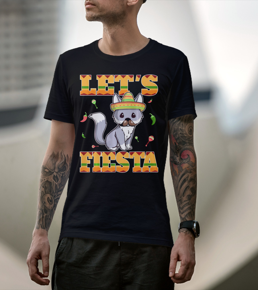 Let's Fiesta Kitty Cat Cinco De Mayo Mexi Sombrero Peppers Maracas T-Shirt