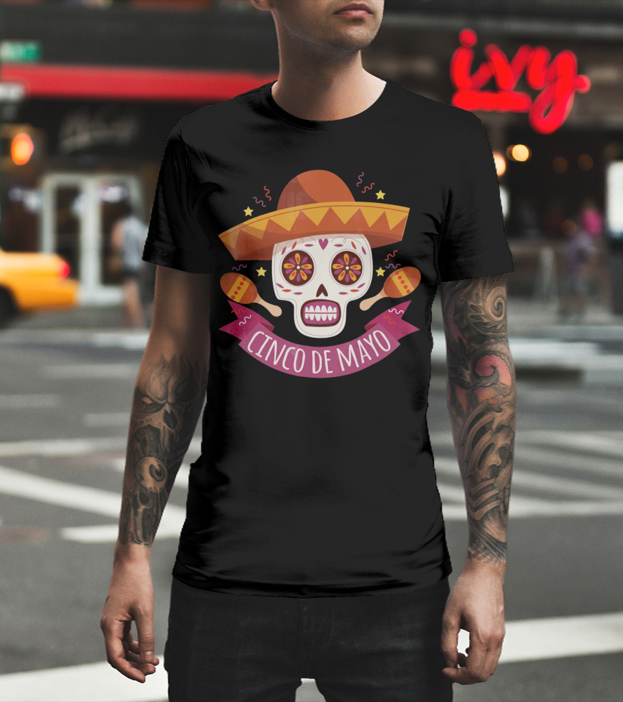 Cinco De Mayo Mexican Skull With Sombrero And Maracas T-Shirt