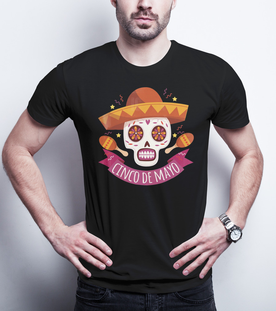 Cinco De Mayo Mexican Skull With Sombrero And Maracas T-Shirt