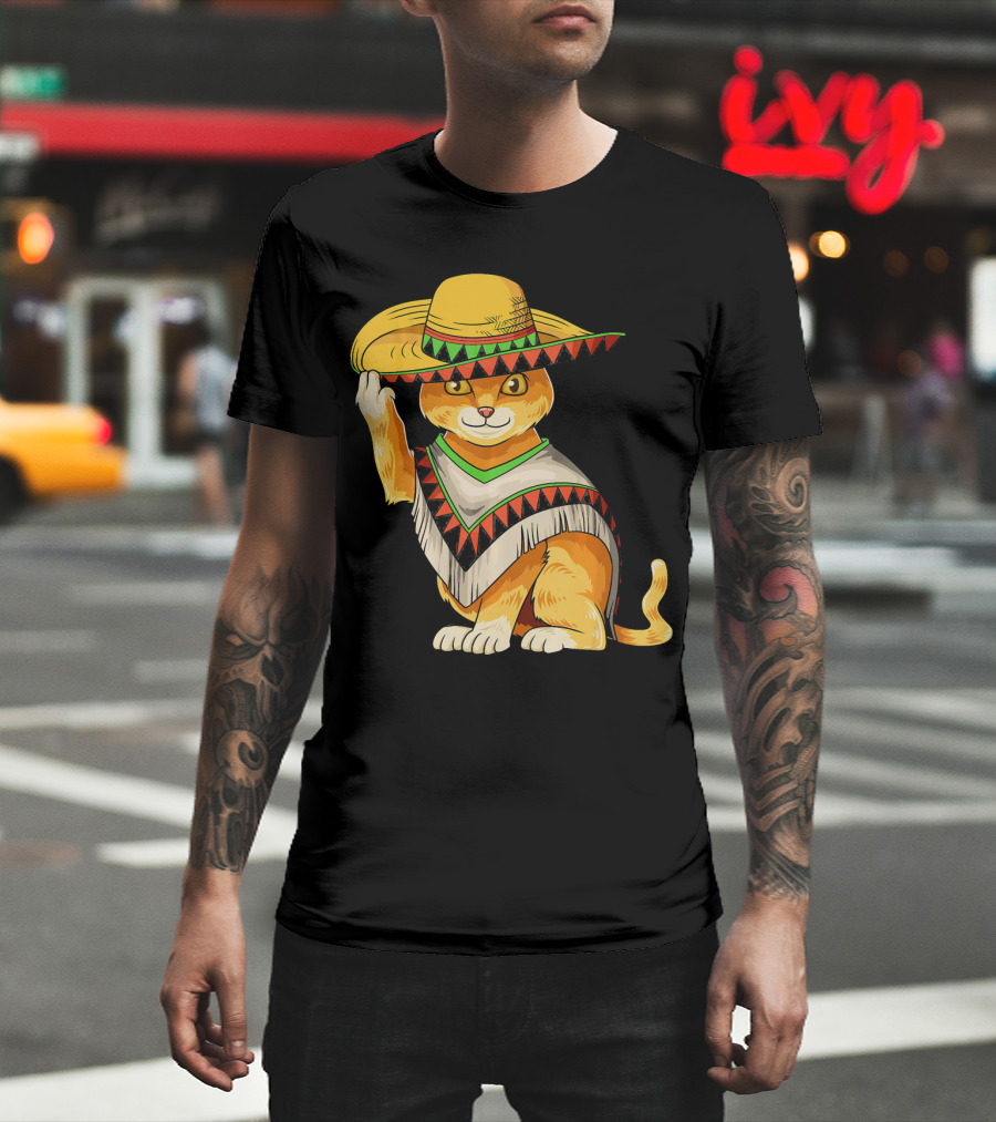 Mexican Cat Cinco De Mayo Cat Poncho Sombrero Fiesta T-Shirt