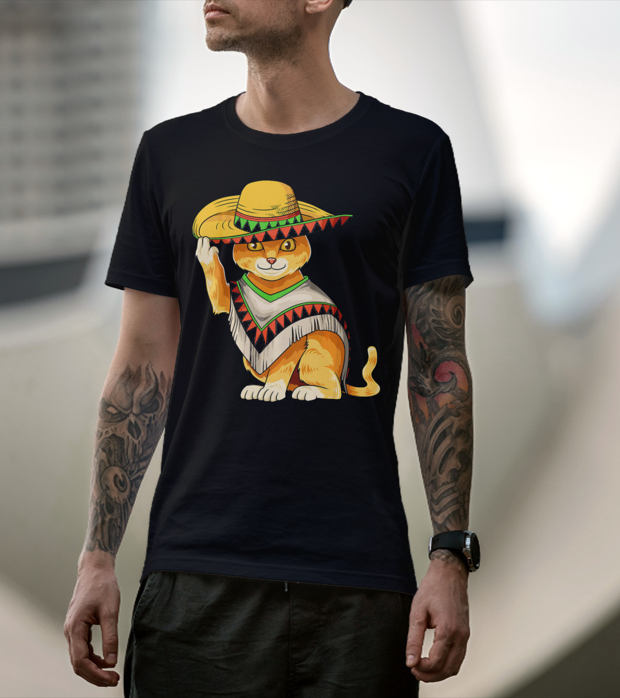 Mexican Cat Cinco De Mayo Cat Poncho Sombrero Fiesta T-Shirt
