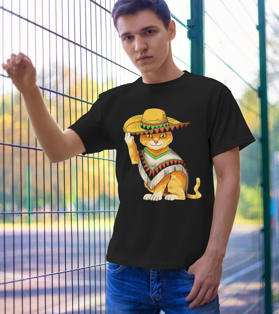 Mexican Cat Cinco De Mayo Cat Poncho Sombrero Fiesta T-Shirt