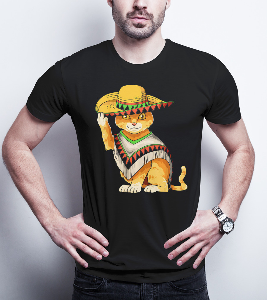 Mexican Cat Cinco De Mayo Cat Poncho Sombrero Fiesta T-Shirt