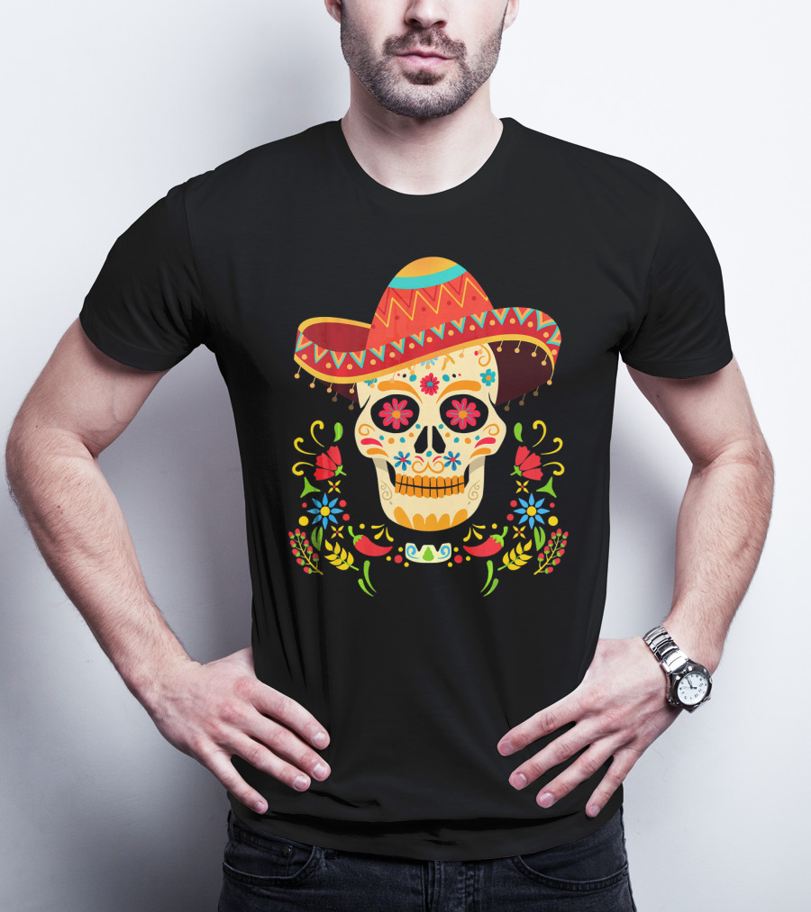 Day Of The Dead Skull Cinco De Mayo Sombrero Floral Fiesta T-Shirt