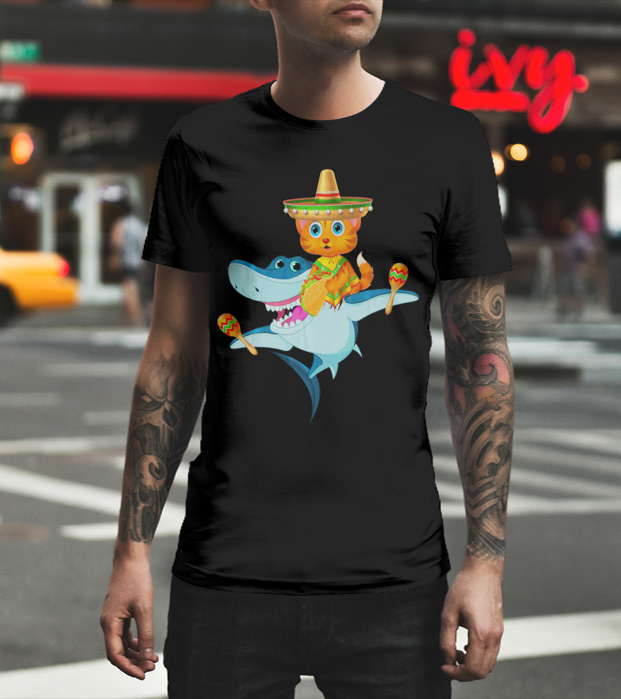 Funny Cinco De Mayo Cat Riding A Shark Sombrero Maracas Fiesta T-Shirt