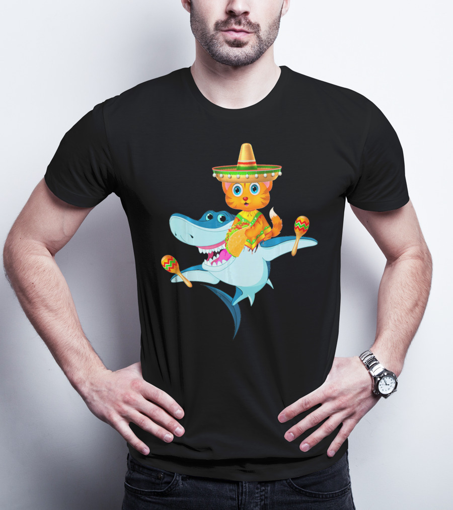 Funny Cinco De Mayo Cat Riding A Shark Sombrero Maracas Fiesta T-Shirt