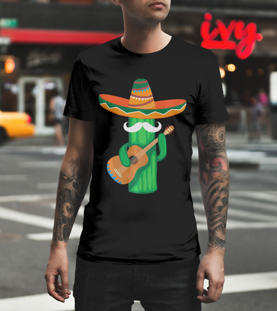 Mustache Cactus Sombrero Playing Guitar T-Shirt