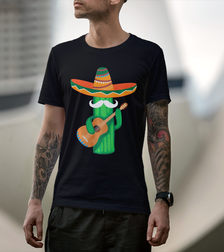 Mustache Cactus Sombrero Playing Guitar T-Shirt