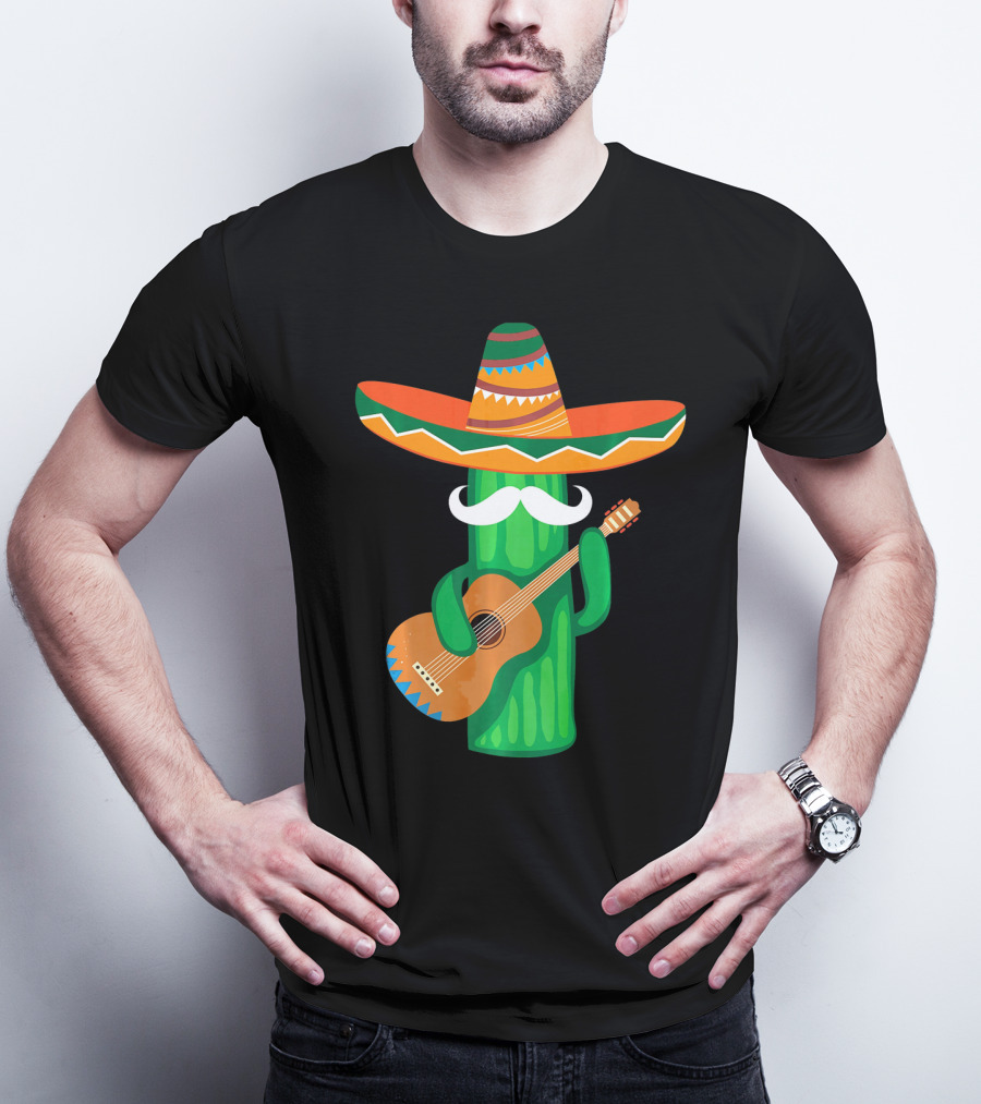 Mustache Cactus Sombrero Playing Guitar T-Shirt