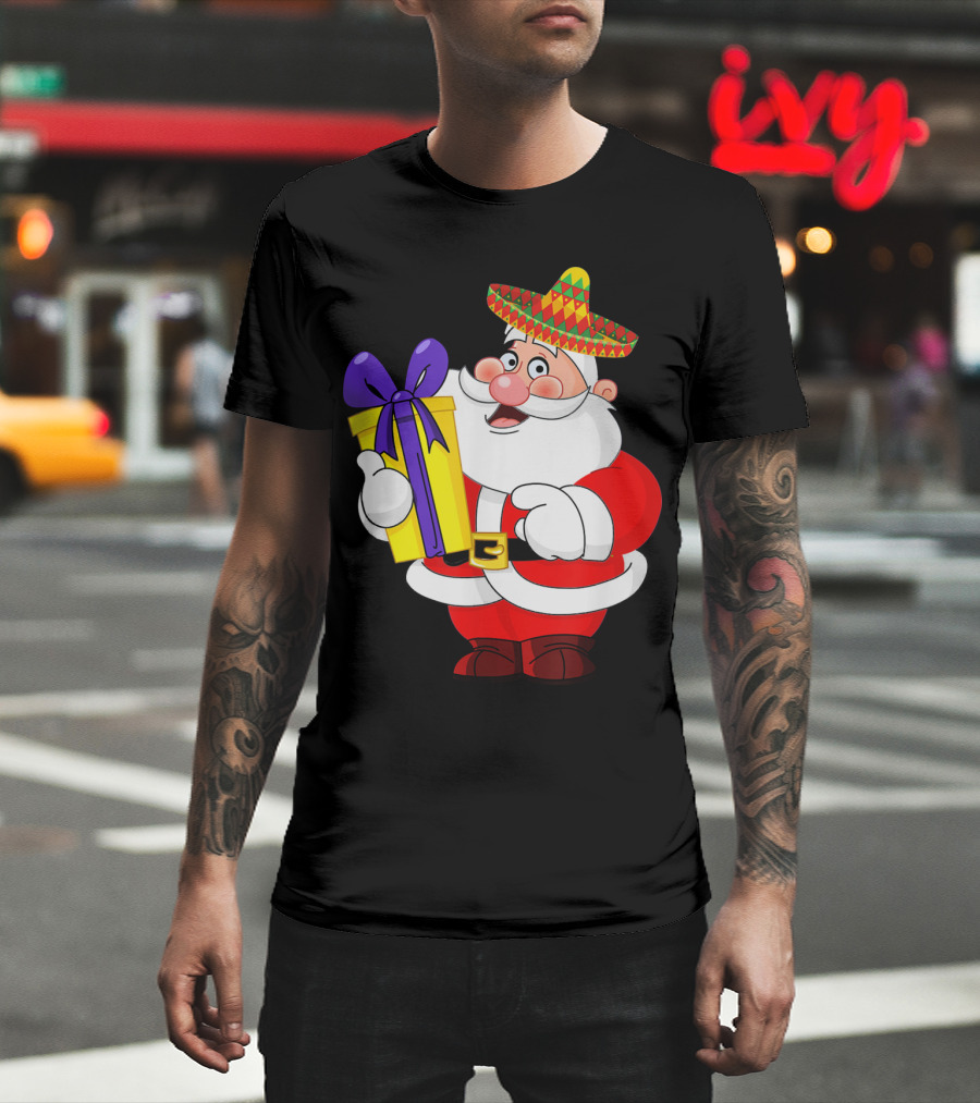 Cinco De Mayo Funny Sombrero Mexican Santa With Gift T-Shirt