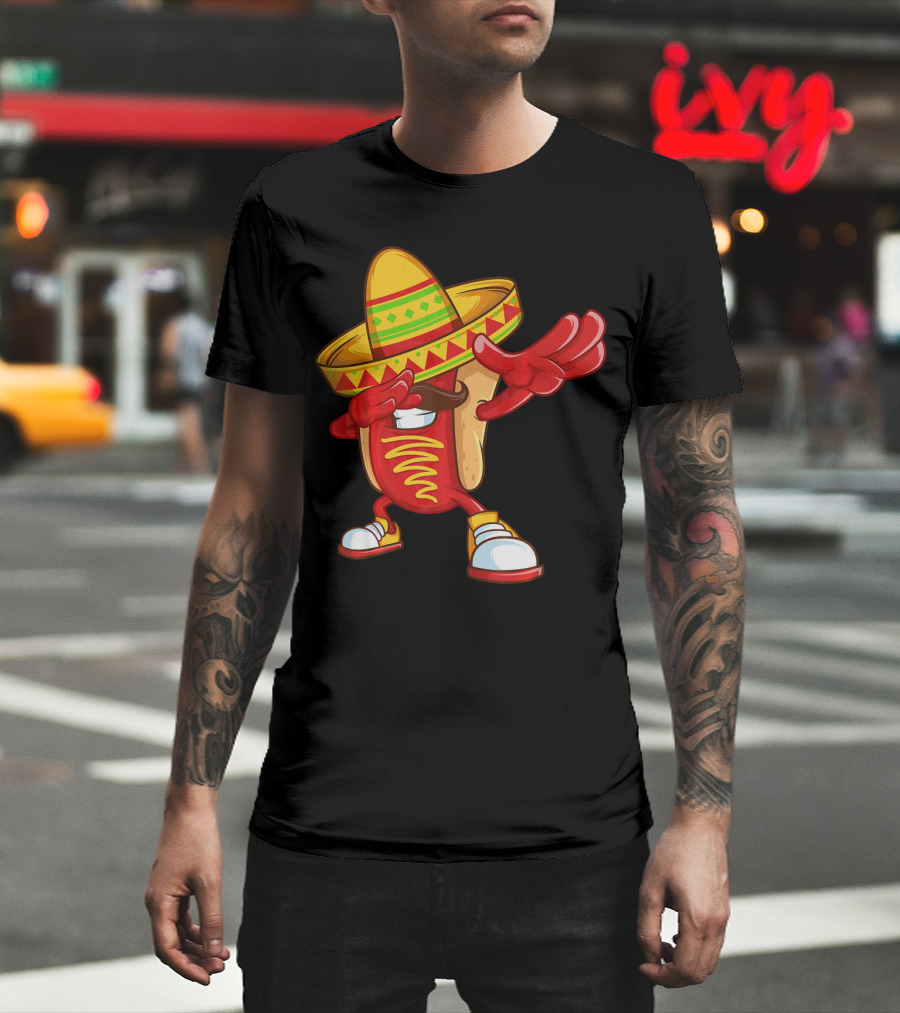 Funny Dabbing Hotdog Sombrero Mexican Cinco De Mayo T-Shirt