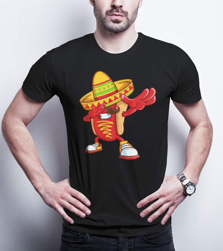 Funny Dabbing Hotdog Sombrero Mexican Cinco De Mayo T-Shirt