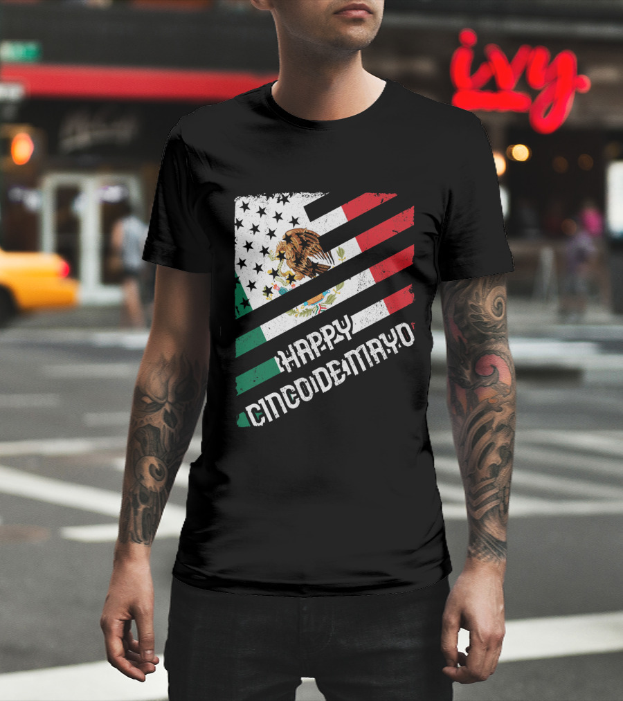 Cinco De Mayo Happy Mexico US Flag Eagle Stripes T-Shirt