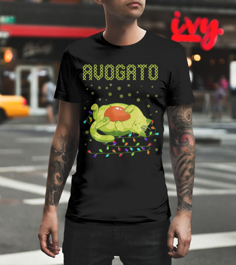 Avogato Cat With Colorful Lights Funny Cinco De Mayo Meow T-Shirt