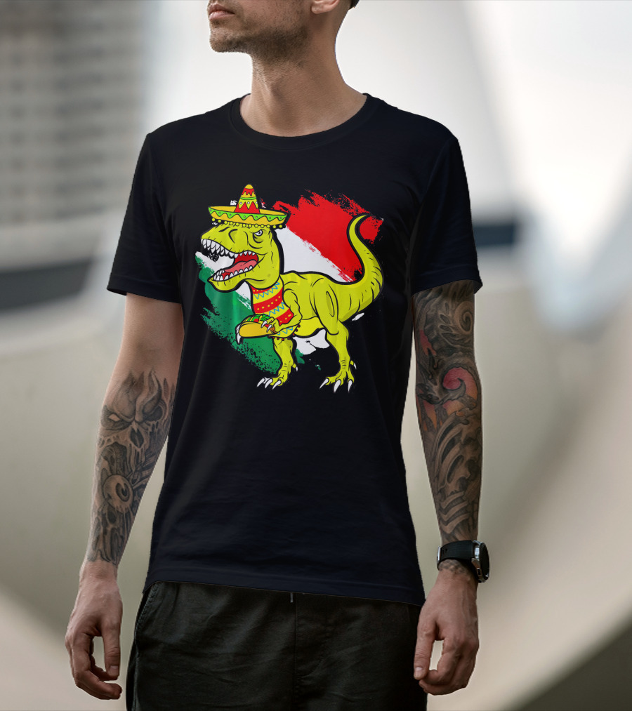 Tacosaurus Rex Sombrero Mexican Flag Cinco De Mayo Mexican Pride T-Shirt