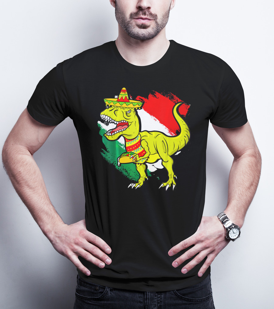 Tacosaurus Rex Sombrero Mexican Flag Cinco De Mayo Mexican Pride T-Shirt