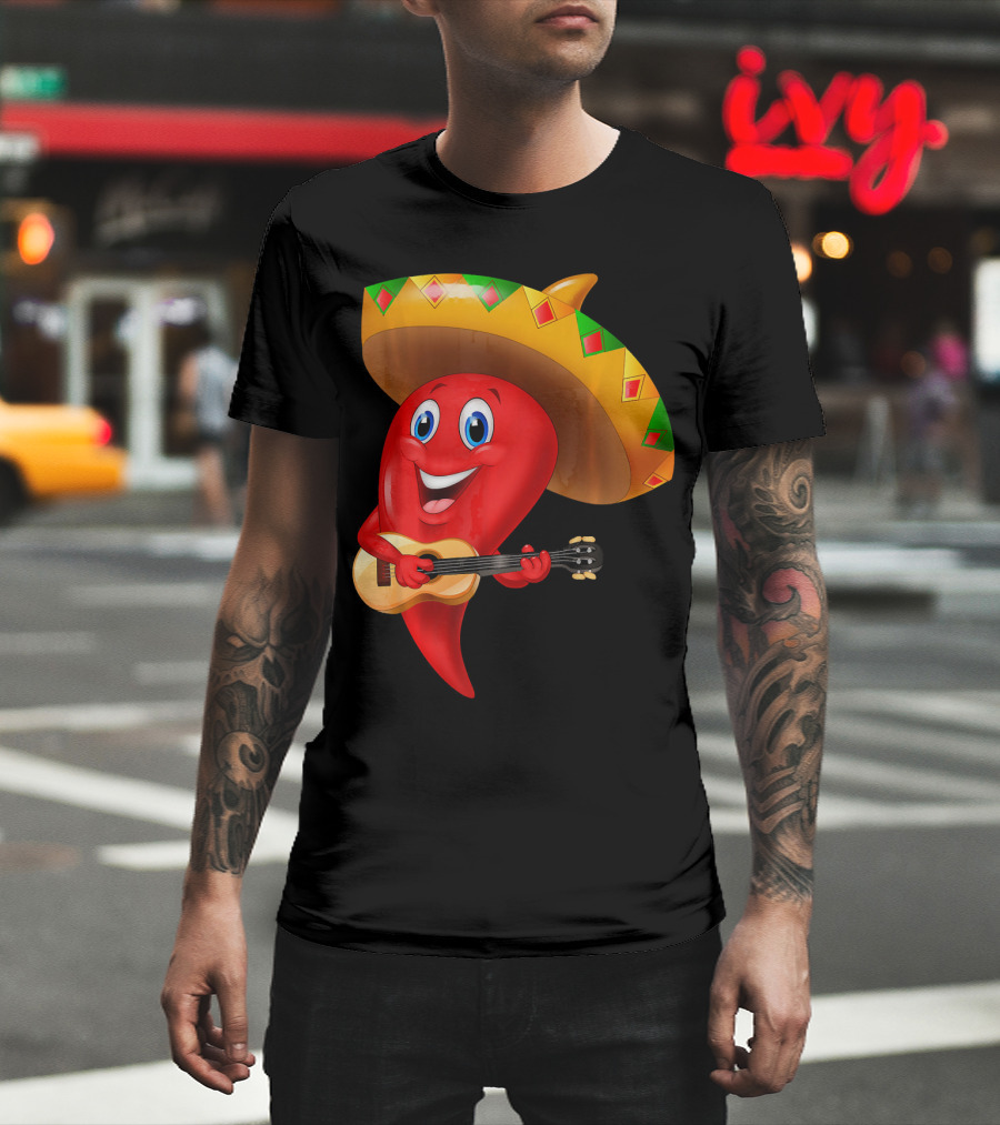 Cute Chili Pepper Wearing Sombrero Playing Guitar Mexico T-Shirt