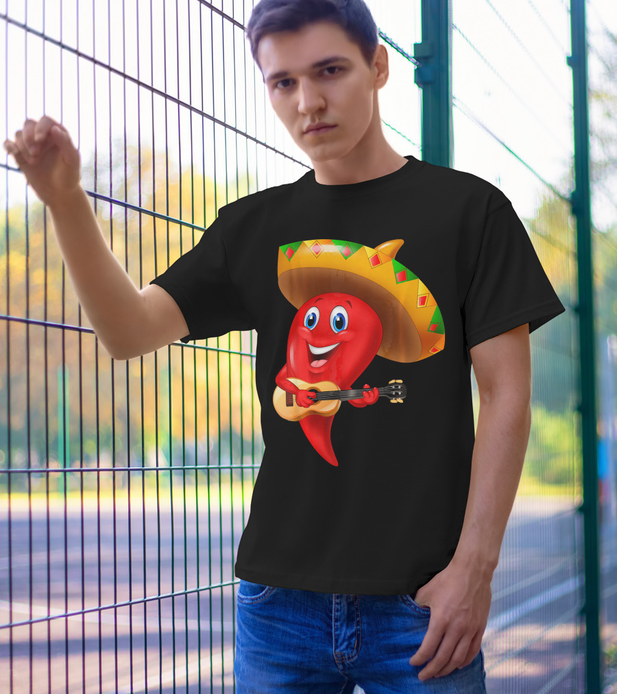 Cute Chili Pepper Wearing Sombrero Playing Guitar Mexico T-Shirt