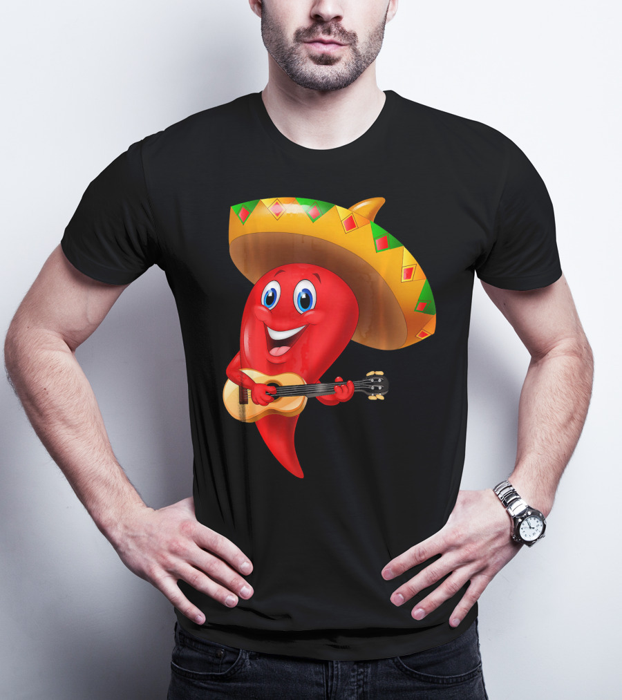 Cute Chili Pepper Wearing Sombrero Playing Guitar Mexico T-Shirt