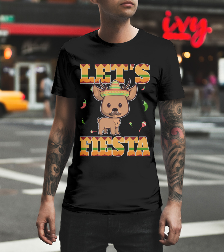 Let's Fiesta Deer Cinco De Mayo Mexican Sombrero Peppers Maracas T-Shirt