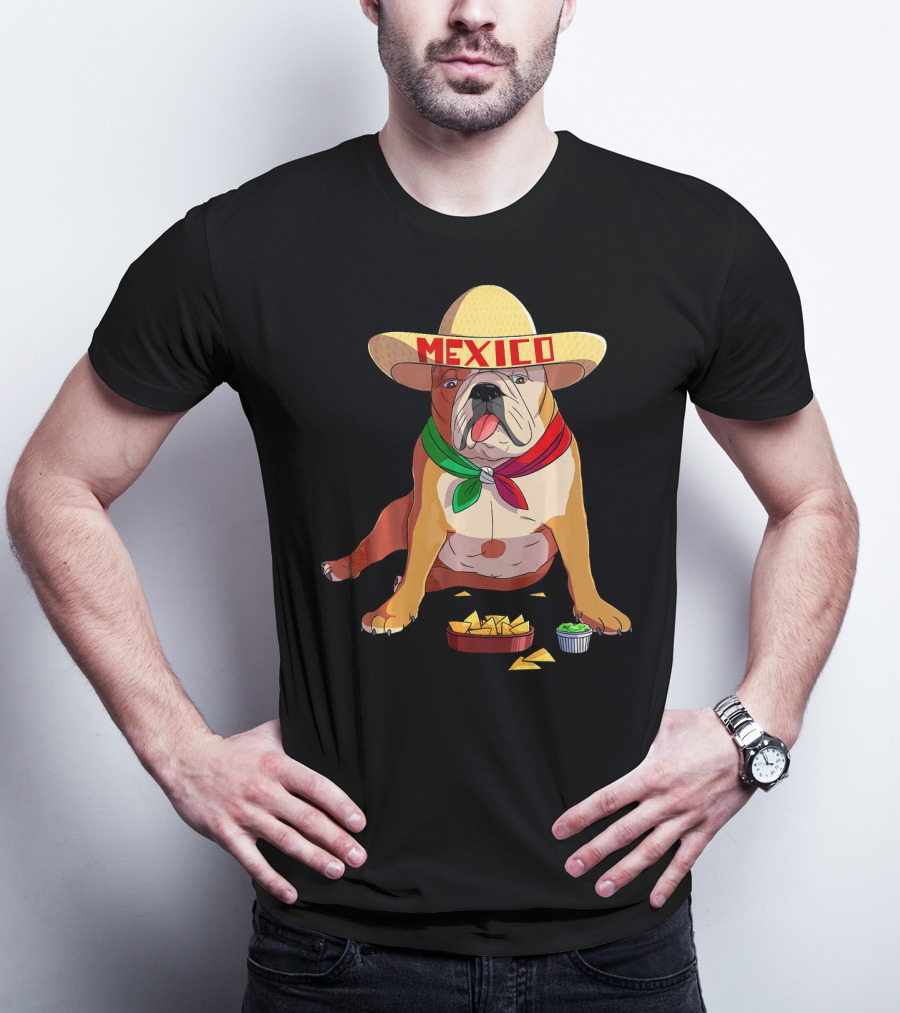 Cinco De Mayo Mexican Bulldog Wearing Sombrero With Chips And Salsa T-Shirt