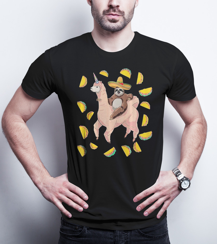 Cinco De Mayo Llamacorn With Sombrero-Wearing Sloth Surrounded By Tacos T-Shirt
