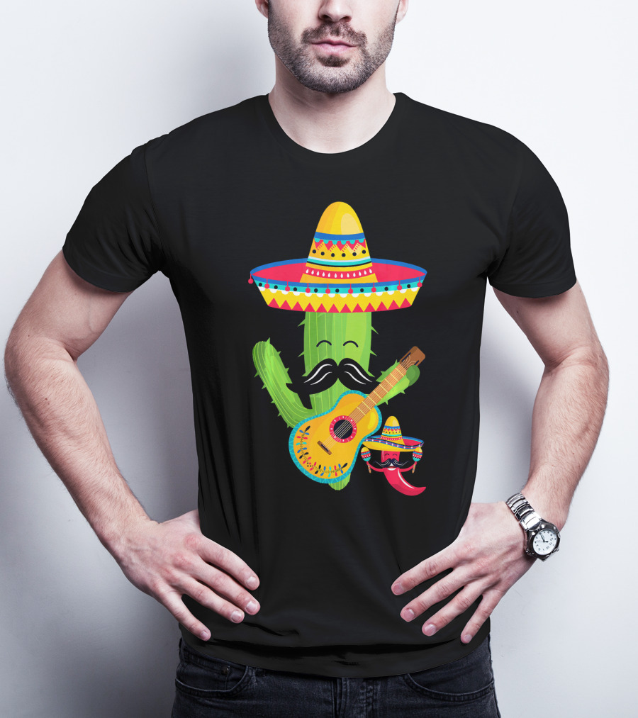 Cute Mustache Cactus With Sombrero Playing Guitar Mexican Fiesta Fun T-Shirt