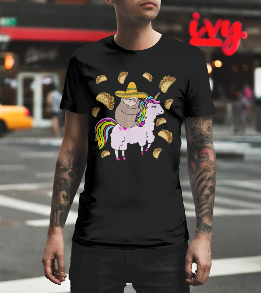 Sloth Riding Llamacorn Unicorn Cinco De Mayo Taco Fiesta T-Shirt