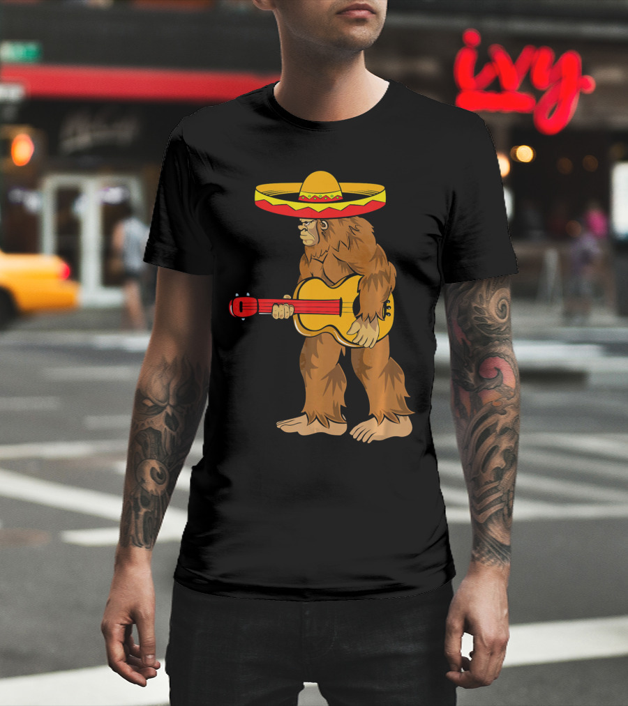 Bigfoot Carrying Guitar Cinco De Mayo Sombrero T-Shirt